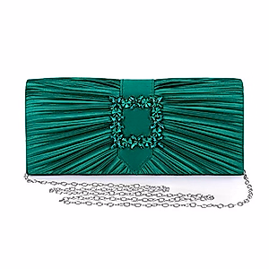 Mulian LilY M366 Women Pleated Satin Rhinestone Brooch Evening Bags Prom Clutch Purse With Detachable Chain Strap Green