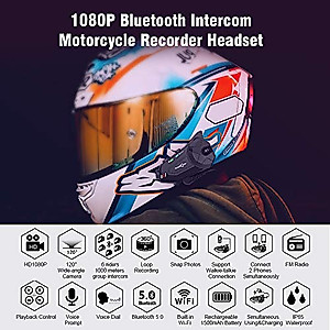 FreedConn Motorcycle Helmet Headset with Camera R1plus Bluetooth Intercom 1000M 6 Riders Waterproof Wireless FM Radio Communication Systems for Most Helmets