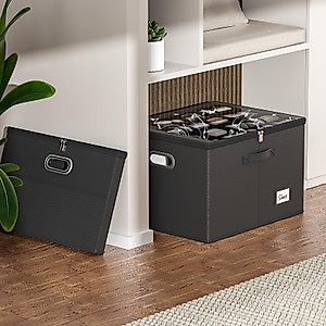 Shoe Organizer for Closet,Fits 16 Pairs,Leather Fabric Shoe Storage Bins with Clear Cover,Shoe Box Storage Containers,Adjustable Dividers for Storage with 4 Handles (Black, (19.7 * 15.7 * 13) x1)