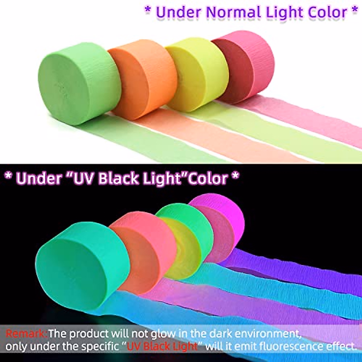 800feet Blacklight Party Streamer Decorations 8 Rolls Glow Crepe Paper UV Reactive Fluorescent Neon Paper Streamers Glow Party Supplies and Decorations for Wedding, Birthday, Neon Party, Fiesta Party