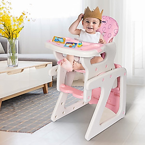 3-in-1 Baby High Chair with Adjustable Seat Back Detachable Seat Cushion and Double Removable Tray for Baby Toddlers 6 Months to 6 Years, Pink
