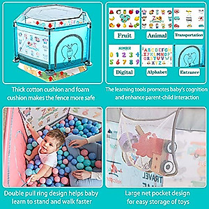 WAOWAO Baby Playpen Portable Large Playard Indoor & Outdoor Kids Activity Center with Sturdy Safety Play Yard with Mesh and Learning Pattern,Kid's Fence for Infants Toddlers (Blue, 47.24"(with mat))