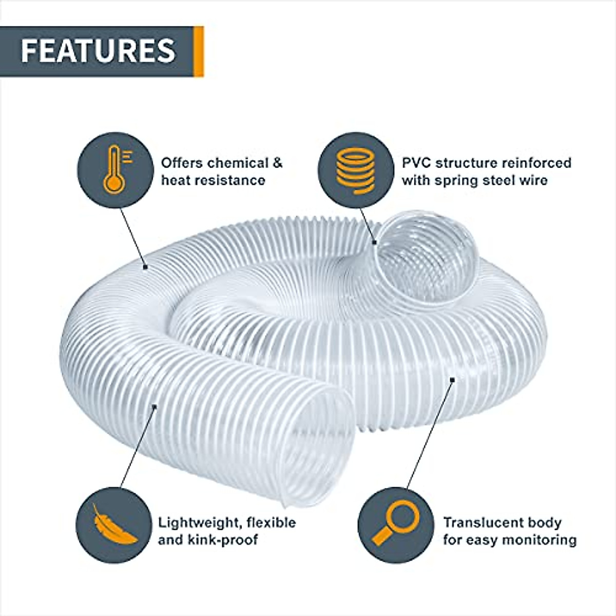 POWERTEC 70111 4" x 10' PVC Dust Collection Hose for Dust Collector for Woodworking and Shop Vacuum, 4 Inch Dust Collector Hose for Dust Collection Fittings