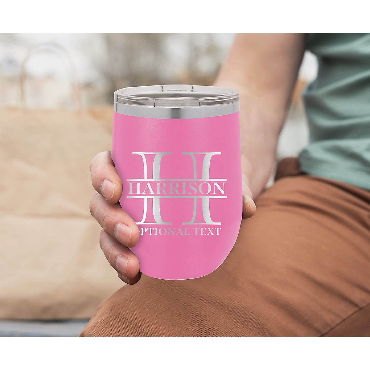 Custom Stemless Wine Cup 12oz Add Monogram Initial Stainless Steel Vacuum Insulated Wine Tumbler With Lid Pink