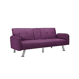 OYN Folding Modern Futon Sofa Loveseat Convertible Sleeper Couch Bed for Living Room Apartment Small Space Furniture Sets with 2 Cup Holders,Metal Legs, Removable Soft Square Armrest, Purple