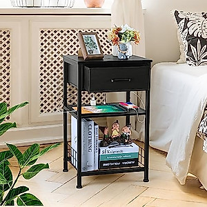 Black Night Stand with Charging Station, Small Bedside Tables with Storage Shelf for Small Spaces, Industrial End Table with Fabric Drawer for Living Room, Bedroom, Office