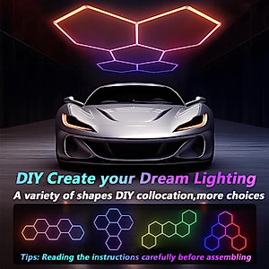 lylunnamsp RGB Hexagon Garage Lights, LED Garage Hexagon Lights, 6500K Super Bright Honeycomb Lights Ceiling for Garage, Warehouse, Car Detailing Shop, Exhibition Hall, Gym,Multi Colored,5 HEX