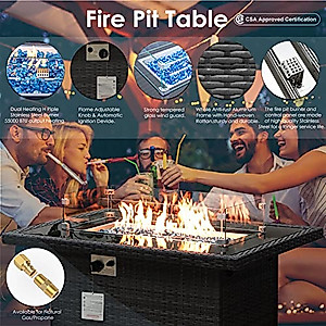 RADIATA 5 Piecess PE Wicker Patio Furniture Set Sectional High Back Large Size Sofa Sets with Propane Fire Pit Table 55000 BTU Balcony Backyard Rattan Conversation Sets for Outdoor（Dark Gray）
