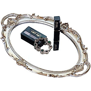 Yamfurga Oval Decorative Mirror Tray, French Style, Makeup Organizer, Jewelry Organizer, Serving Tray, 9.8"x 14.6", Golden Silver