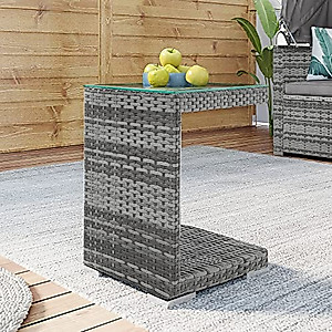 EMKK 5 Pieces Outdoor Patio Sofa Set Rattan Daybed,Sectional PE Wicker Conversation Furniture w/Canopy and Tempered Glass Side Table, C-Gray