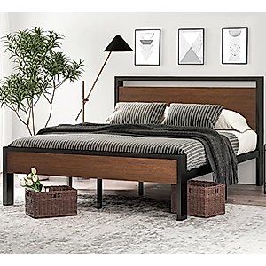 SHA CERLIN 14 Inch Queen Size Metal Platform Bed Frame with Wooden Headboard and Footboard, Mattress Foundation, No Box Spring Needed, Large Under Bed Storage, Non-Slip Without Noise, Walnut