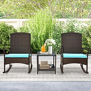 Tangkula 3 Pieces Rocking Wicker Bistro Set, Outdoor Front Porch Rocker Chairs Conversation Set with 2-Tier Tempered Glass Coffee Table and Thick Cushions for Garden, Balcony, Poolside (Turquoise)