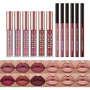 BestLand 12Pcs Matte Liquid Lipstick + Lip Liner Pens Set, One Step Lips Makeup Kits Pigment Velvety Nude Lip Stain Waterproof Long Wear Lip Gloss Make up Gift Set (Set A)