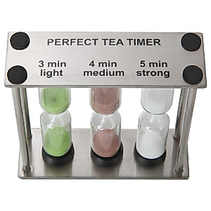 Lily's Home 3-in-1 Perfect Tea Timer, Includes 3, 4, and 5 Minute Sand Hourglass Timers, Use for Making Tea or Keeping Time Around The Kitchen, Brushed Stainless Steel Frame (3.75" Tall)