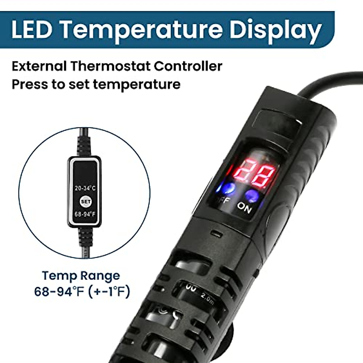 MQ Submersible Aquarium Heater, 200-500W LED Display Fish Tank Heater with External Thermostat Controller and Thermometer Sticker, Auto Thermostat for Tank 30-80 Gallon (500W for 70-80 Gallon Tank)
