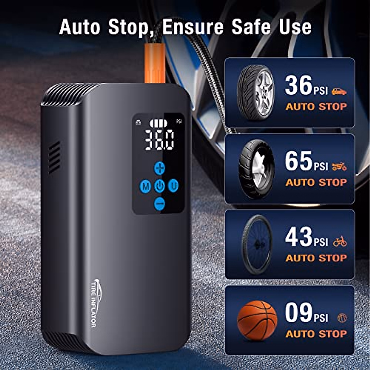 Nulksen Tire Inflator Portable Air Compressor, 150 PSI Cordless Air Pump with 7800mAh Battery, Tire Pump with Pressure Gauge for Car Bicycle Motorcycle Ball, Electric Bike