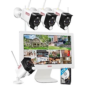 [2K&2 Way Audio&Dual WiFi] Tonton Wireless All-in-One Ultra HD Security Camera System with 16 Inch 5MP Monitor,10CH NVR with 1TB HDD,4PCS 3MP Outdoor Bullet IP Floodlight Cameras with PIR,Plug & Play