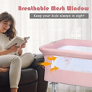 INFANS Baby Bassinet Bedside Crib, Newborn Bedside Sleeper Crib for Infants, Adjustable Height, Breathable Mesh, Detachable Washable Mattress, Portable Bassinet with Carrying Bag (Pink)