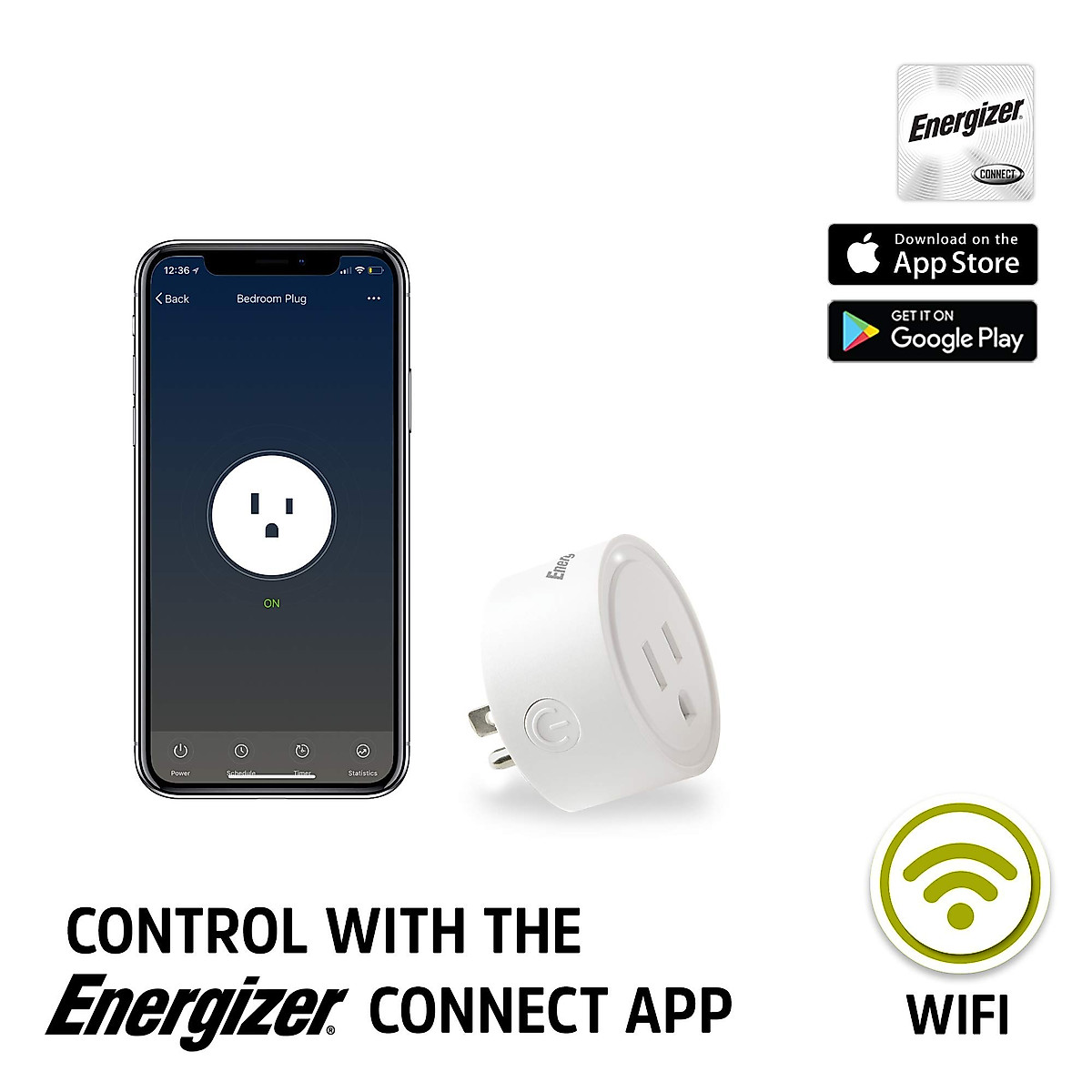 Energizer Connect Smart WiFi Plug, Mobile Connect App Enabled, Voice Controlled, Alexa, Echo, Siri, Hey Google Enabled, No Hub Required, Mini Outlet 15-Watt, 2.4GHz, ETL & FCC Certified