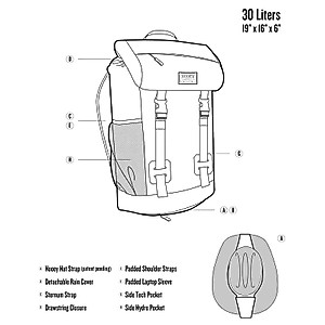 HOOEY Topper 30 Liter School Hiking Backpack Rain Cover Hat Strap Laptop Sleeve Drawstring Closure (Burgundy/Black/Grey)