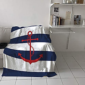 Flannel Fleece Bed Blanket Soft Throw-blankets Home Decor,Nautical Red Anchor Navy Blue and White Horizontal Stripes,Lightweight Cozy Plush Blankets for Bedroom Living Room Sofa Couch,49 x 59 Inch