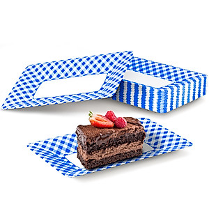 DYLIVeS Blue and White Buffalo Plaid Plates, 9.1 x 5.7 Inch Blue Checkered Disposable Paper Food Trays for Dessert Appetizers Snack Hotdog Rectangular Platters for Picnic, Graduation Party, 50 Pcs