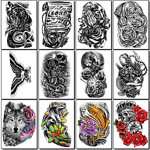 Yazhiji 36 Sheets Temporary Tattoos Stickers Include 12 Sheets Large Stickers Fake Body Arm Chest Shoulder Tattoos for Men and Women