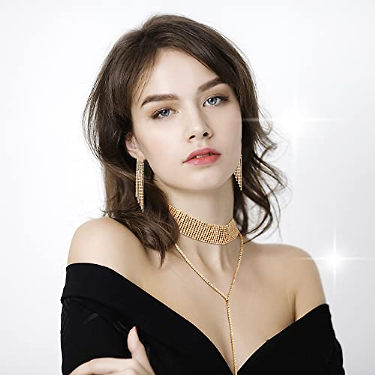 MTLEE 6 Pieces Women Rhinestone Jewelry Set Layered Choker Necklaces Long Tassel Necklaces Crystal Bracelet Cuff Bangles Diamond Tassel Dangle Earrings (Gold)