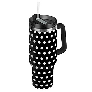 Flradish 40oz Tumbler with Handle, Polka Dots Black White Stainless Steel Tumbler with Lid and Straws Double Wall Vacuum Insulated Leakproof Coffee Travel Mug