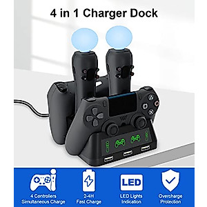 PS4 Controller Charging Dock Station, 4 in 1 PS VR Motion Move Controller Charger Station, Fast Playstation 4 Controller Charger with LED Indicator Compatible with PS4/Slim/PS4 Pro/PS VR Charging Dock