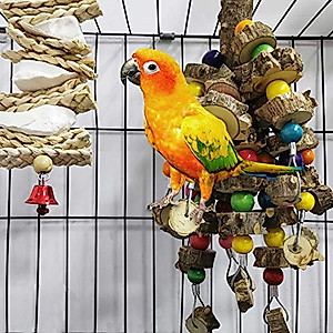 kathson 2PCS Natural Parrot Chewing Toys Wood Bird Toy Hanging Parakeet Hammock Cage Accessories Cuttlebone Beak Grinding for Parrots Cockatoos African Grey Cockatiels Conure Eclectus Budgies