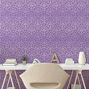 Lunarable Vintage Peel & Stick Wallpaper for Home, Western Medieval Motifs with Leafs and Curlicues Floral Damask Pattern, Self-Adhesive Living Room Kitchen Accent, 13" x 100", Lavender and Purple