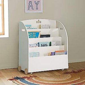 Kid Bookshelf with Wheels, White Wood Bookshelf Display Stand for kids 1 Year Up, Baby Book Shelf/Child Bookshelf/Toddler Bookshelf/Kid Book Display/Book Shelf Case Organizer kid wooden