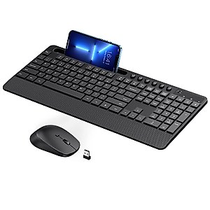 Veilzor Wireless Keyboard and Mouse Combo, 2.4GHz Lag-Free Ergonomic Keyboard Full-Size with Phone Holder & 10 Independent Shortcuts, Silent Mouse with 4 DPI for Computer, Desktop, Laptop