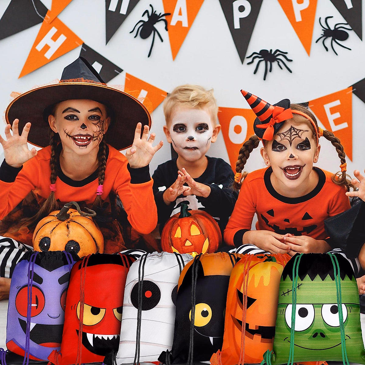 Shihanee 18 Pcs Halloween Drawstring Bags Set Halloween Drawstring Backpack Party Supplies Halloween Polyester String Sack Bags Bulk for Kids Party Favors Gift Wrap Bags, 6 Styles