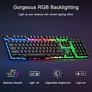 MFTEK Gaming Keyboard and Mouse Combo with Large Mouse Pad, RGB Rainbow Backlit Gaming Keyboard and Illuminated Gaming Mouse, USB Wired Set for Computer PC Gamer Laptop Office Work