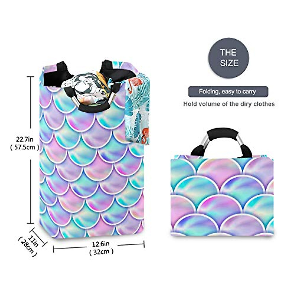 Ollabaky Large Foldable Laundry Hamper Bag with Handles, Mermaid Scales Laundry Basket Box Big Storage Organizer for Family, Dormitory, Washhouse…