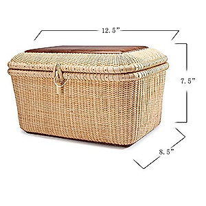 Teng Tian Nantucket baskets Rectangular Handwoven rattan Storage Basket Set with Lid for Shelves and Home Organizer Bins (L)