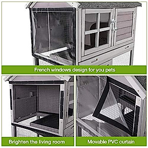 Rabbit Hutch Indoor Rabbit Cage for Small Animals Outdoor Bunny Cage with Movable Wire Netting, Guinea Pig Habitat On Wheels,Pull Out Leak Proof Tray (Grey+Camel)