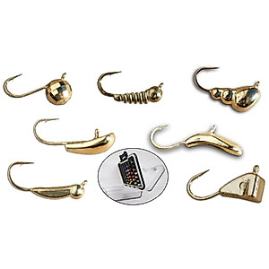 Tungsten Ice Fishing Jigs - Lucky 14 Pack Gold 4-6mm Free Tackle Box Case Included 1-2gm #8-10 Hook Lure Bait Walleye Crappie Panfish Trout
