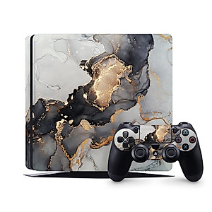 ZOOMHITSKINS Compatible for PS 4, Grey Marble Golden Space Gem, Durable & Fit Vinyl, Made in The USA