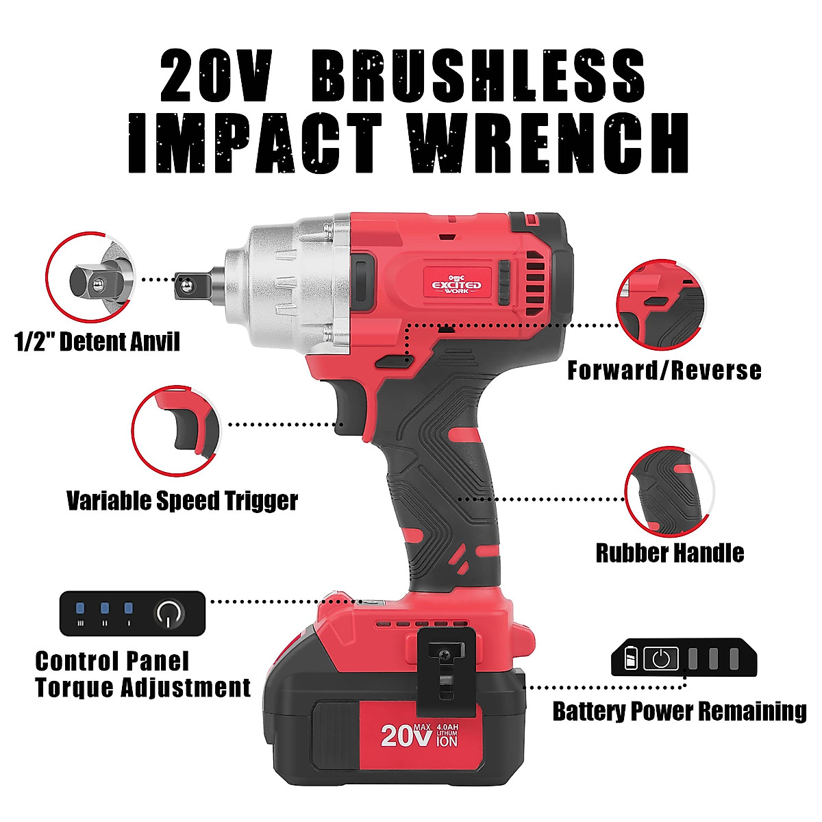 Excited Work 20V Brushless Impact Wrench with 1/2inch 4 Pcs Impact Wrench Socket Set，370 Ft-lbs(500Nm) High Torque，4.0Ah Li-ion Battery Tire Nut Removal Cordless Power Tool