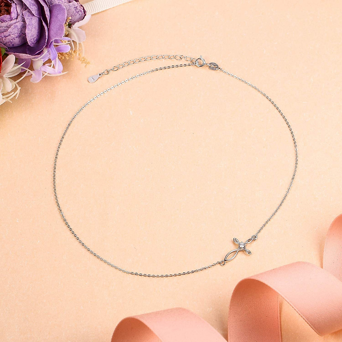 EVER FAITH 925 Sterling Silver CZ Jewelry Religious Church Sideways Celtic Knot Cross Choker Necklace for Women