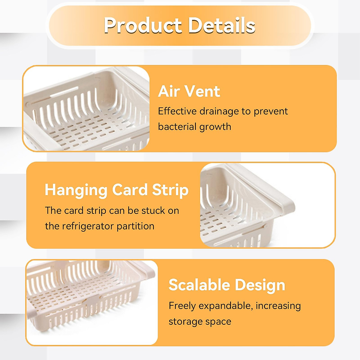 Gsycle Refrigerator Drawer Organizer, 2PCS Fridge Drawer Organizer Pull out Storage Box Refrigerator Bins Refrigerator Shelves for Egg Fruit Vegetable Seafood(Beige)