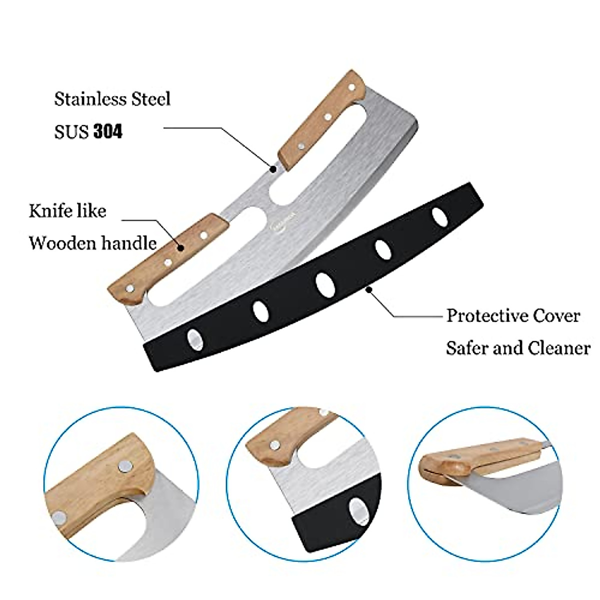 14" Premium Pizza Cutter Rocker Style AKGUNDA , Very Sharp Stainless Steel Pizza Knife Slicer Blade with Cover, Safer with Double Wooden Grip, Chopper Suitable for Cakes all Types of crusts