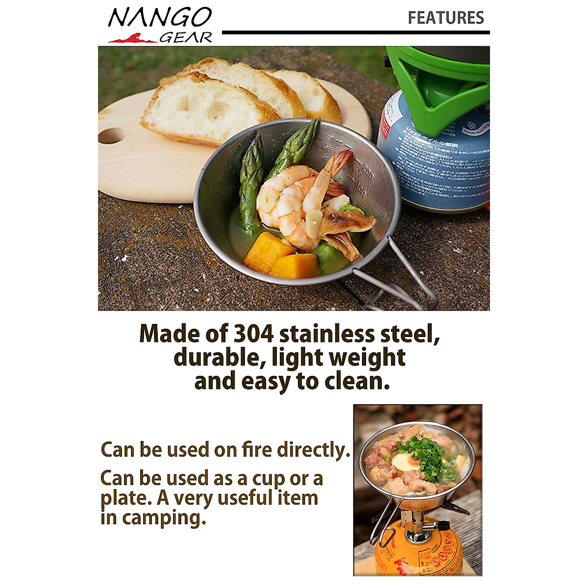 NANGOGEAR Camping Sierra Cup 310ml 2pcs Set Food Grade Stainless Steel Dishwasher Safe (21110)