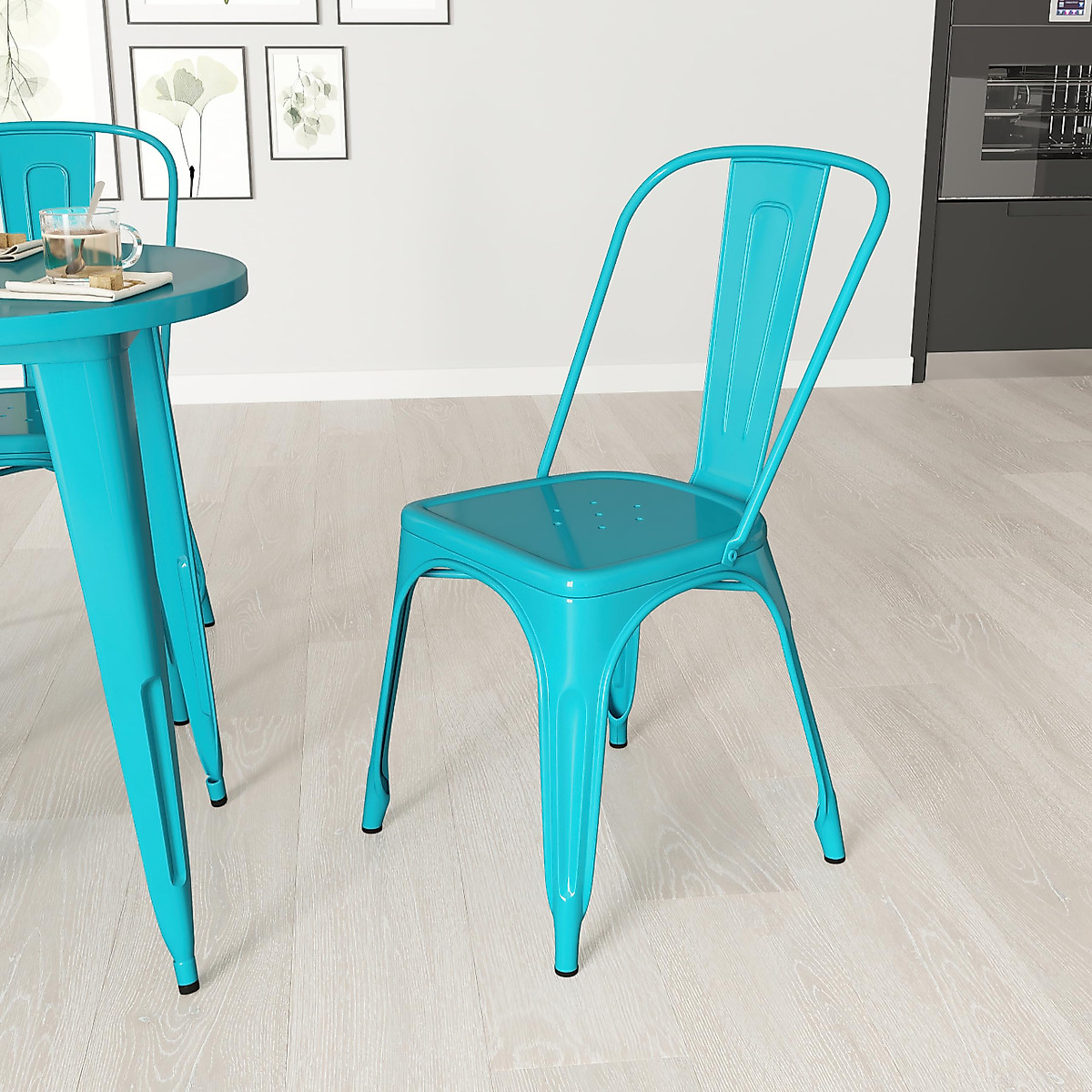 Merrick Lane Wells Stacking Dining Chair - Powder Coated Crystal Teal-Blue Metal Frame - Curved Slat Back - 500 lb. Static Weight Capacity - Indoor/Outdoor Use