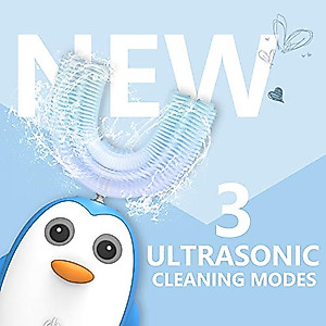 SHNOKER Electric Toothbrush with U-Shaped Toothbrush, with Charging Base Ultrasonic Automatic Toothbrush,IPX7 Waterproof,Three Clearing Modes,Cartoon Modeling Design for Kids (Blue 3-6 Year)