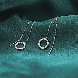 Cowlyn A Pair 925 Sterling Silver Earrings Tassel Threader Long Chain Ear Line Round Cubic Zirconia Drop Dangle Hypoallergenic Jewelry for Women