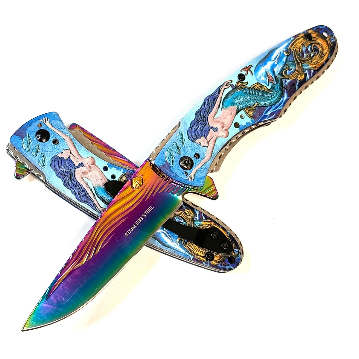 Mermaid dolphins rainbow folding pocket knife 8" over all. Christmas gift collection GLM048 RB